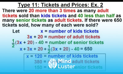 Learn Algebra Ch 2 Word Problem 42 of 46 Type 11 Tickets and Prices Ex ...
